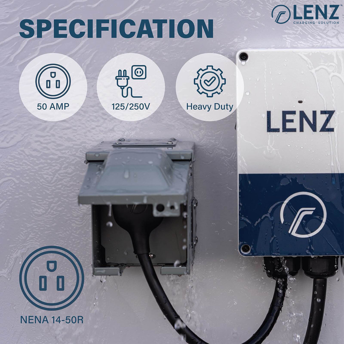 LENZ 50 Amp 125/250V NEMA 14-50 Power Outlet Box, Weatherproof Lockabl
